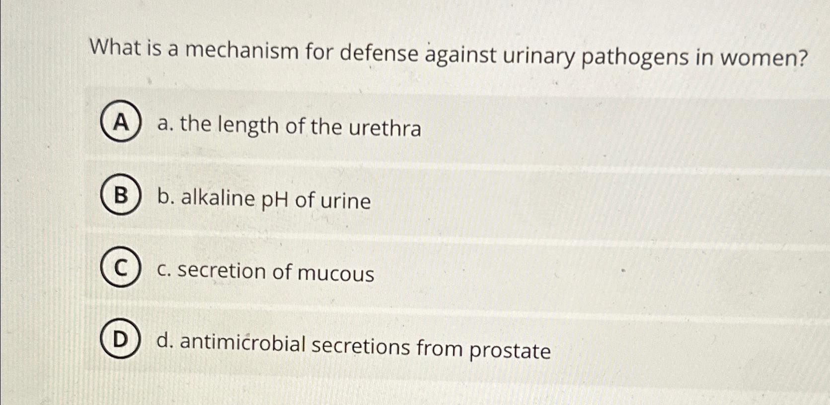 Solved What is a mechanism for defense against urinary | Chegg.com