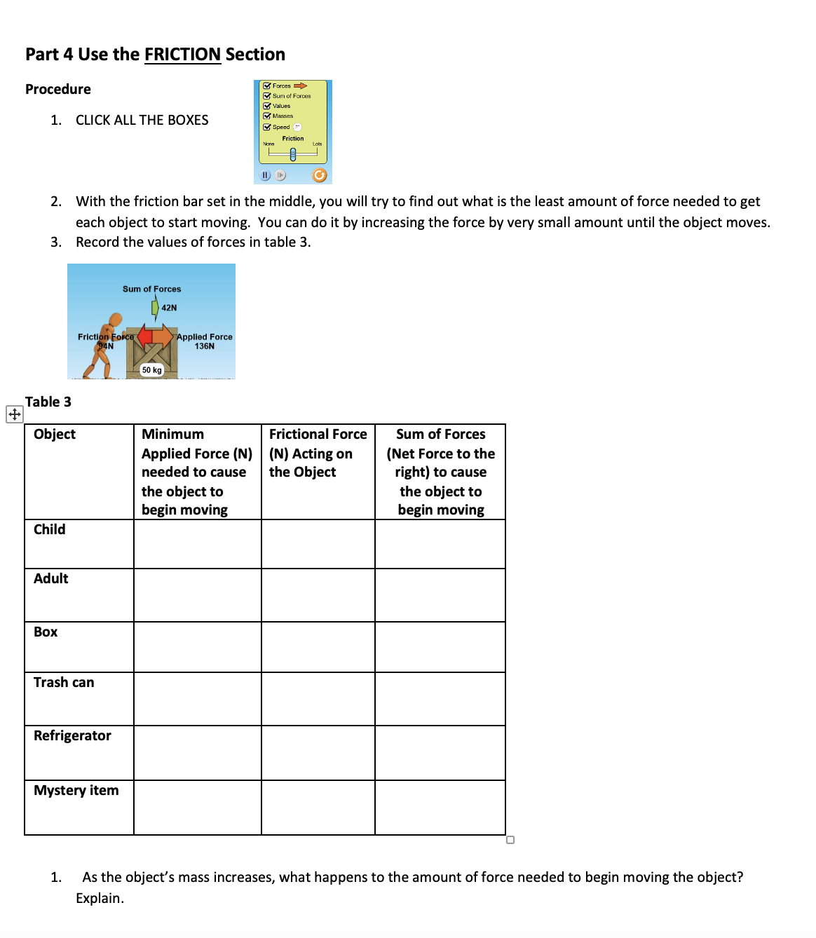 Solved Part 4 ﻿Use the FRICTION SectionProcedureCLICK ALL | Chegg.com