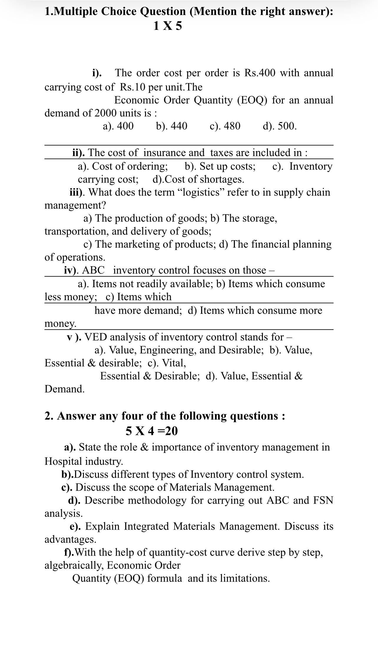 Solved 1.Multiple Choice Question (Mention the right | Chegg.com