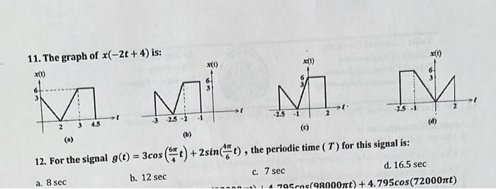 Solved 11. The graph of x(−2t+4) is: (b) 12. For the signal | Chegg.com