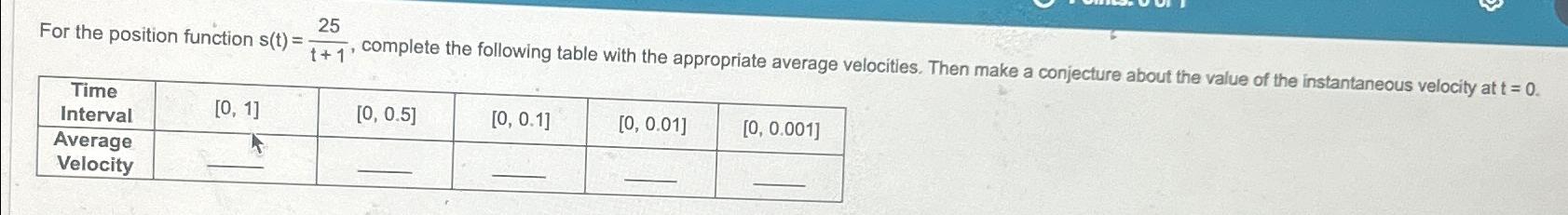 Solved For the position function s(t)=25t+1, ﻿complete the | Chegg.com