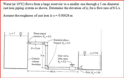 Solved Water (at 10degreeC) flows from a large reservoir to | Chegg.com
