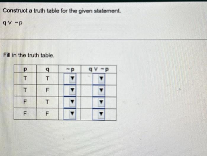 Solved Construct A Truth Table For The Given Statement Q∨∼p 6458