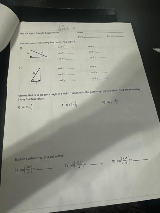 Solved HW #4: Right Triangle Trigonometry 2) Find the value | Chegg.com