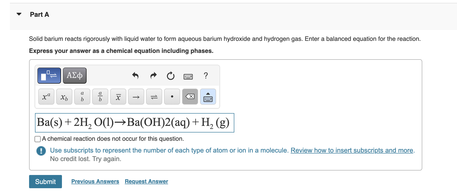 Solved Part ASolid barium reacts rigorously with liquid | Chegg.com
