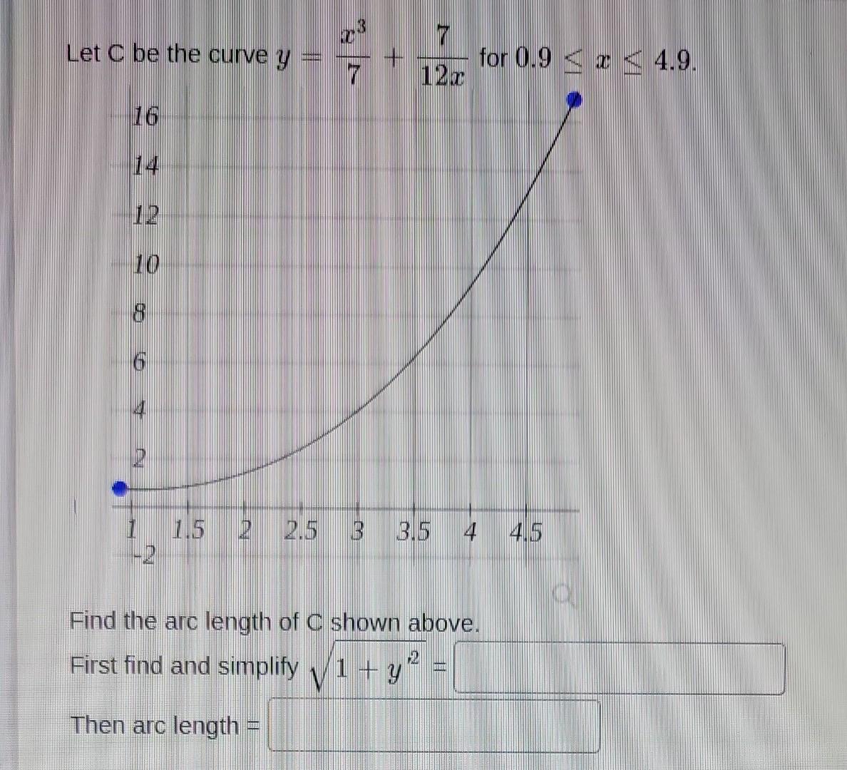 Solved Let C be the curve y=7x3+12x7 for 0.9≤x≤4.9. Find the | Chegg.com