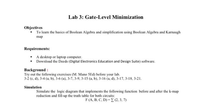 Solved Lab 3: Gate-Level Minimization Objectives To learn | Chegg.com