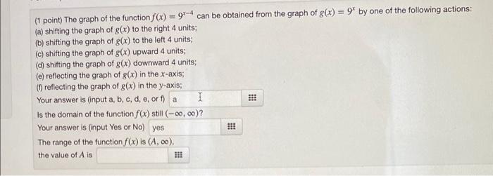 Solved (1 point) The graph of the function f(x)=9x−4 can be | Chegg.com
