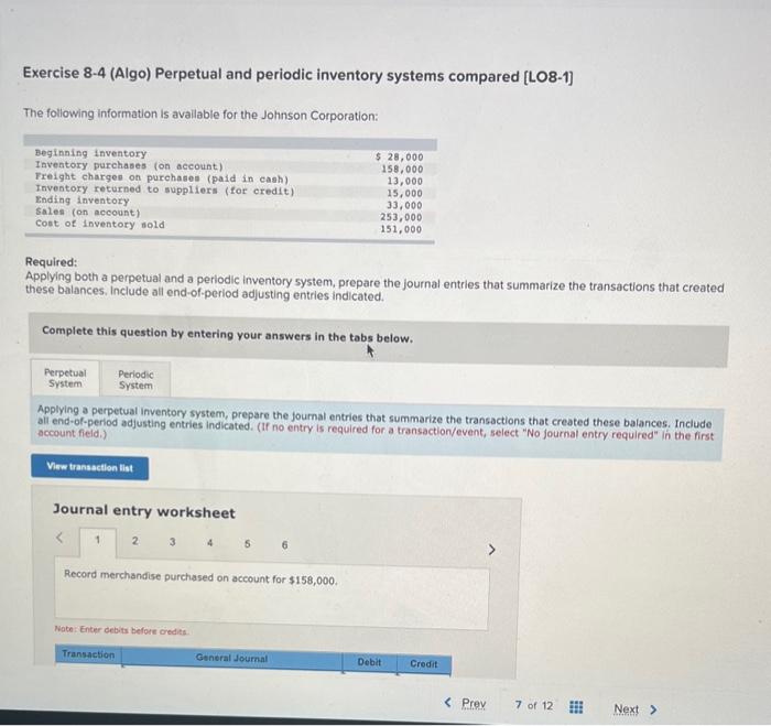 Solved Exercise 8-4 (Algo) Perpetual and periodic inventory | Chegg.com