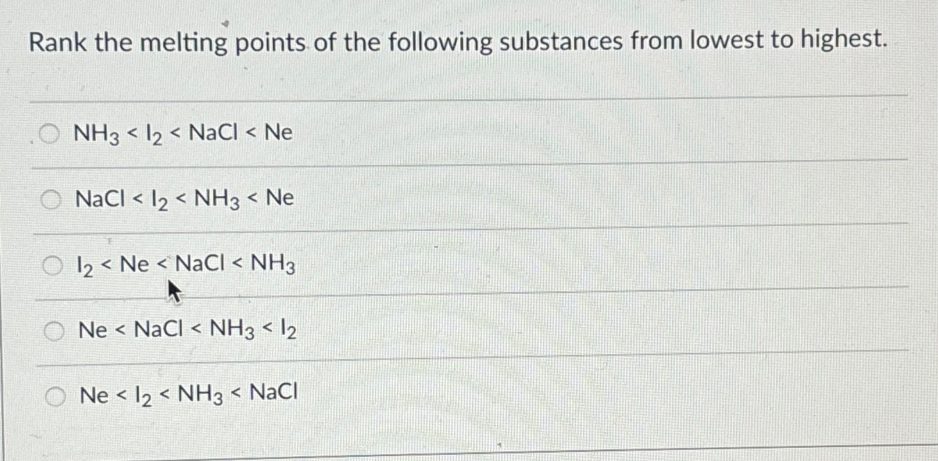 Solved Rank the melting points of the following substances | Chegg.com