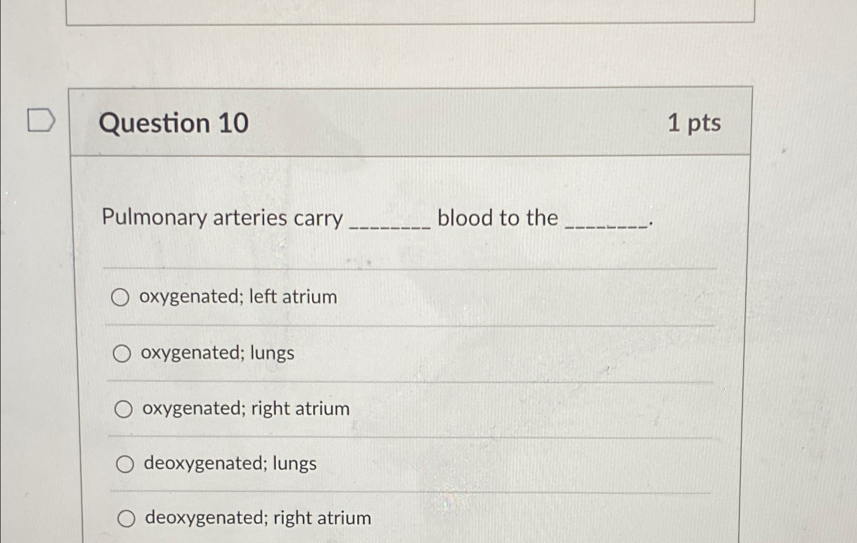 Solved Question 101ptsPulmonary arteries carry blood to the | Chegg.com