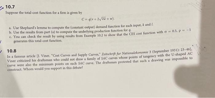 Solved 10.8 In a famous article [J. Viner, "Cost Curves and | Chegg.com