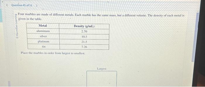 Solved Four marbles are made of different metals. Each | Chegg.com