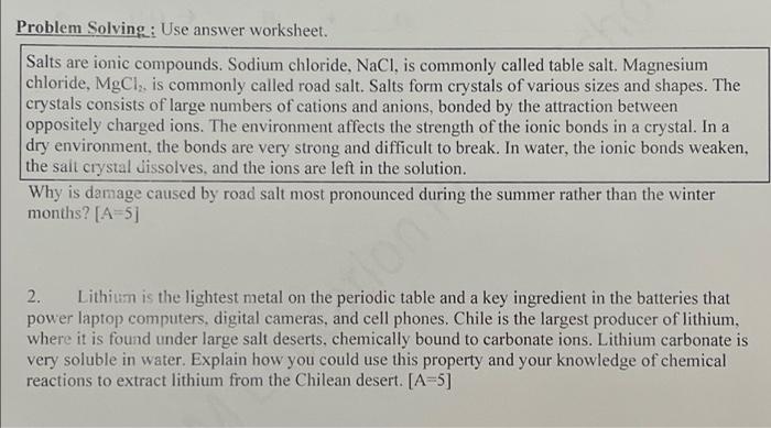 Solved Problem Solving : Use answer worksheet. Salts are | Chegg.com