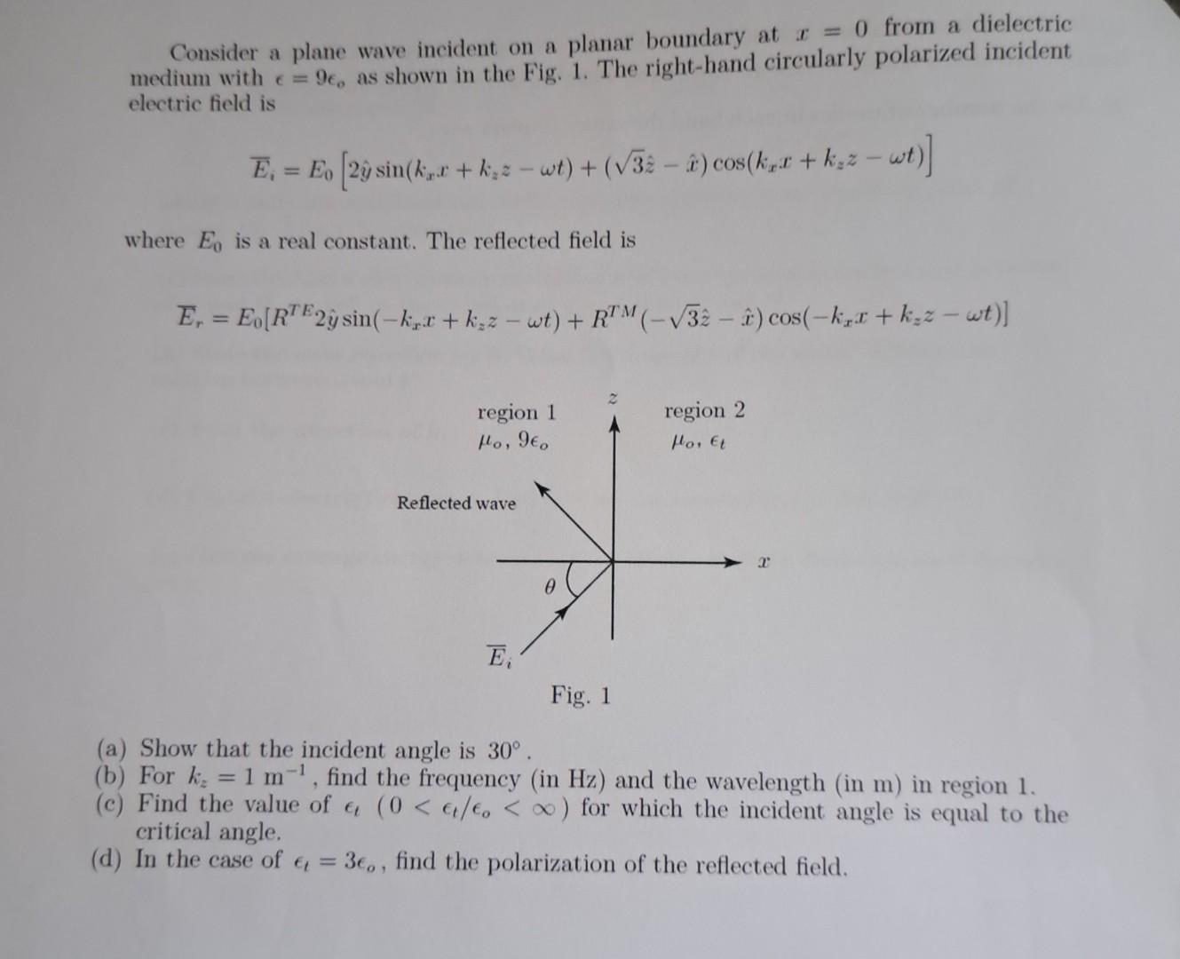 Solved Consider a plane wave incident on a planar boundary | Chegg.com