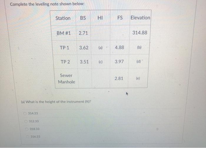 Solved Complete the leveling note shown below: Station BS HI | Chegg.com