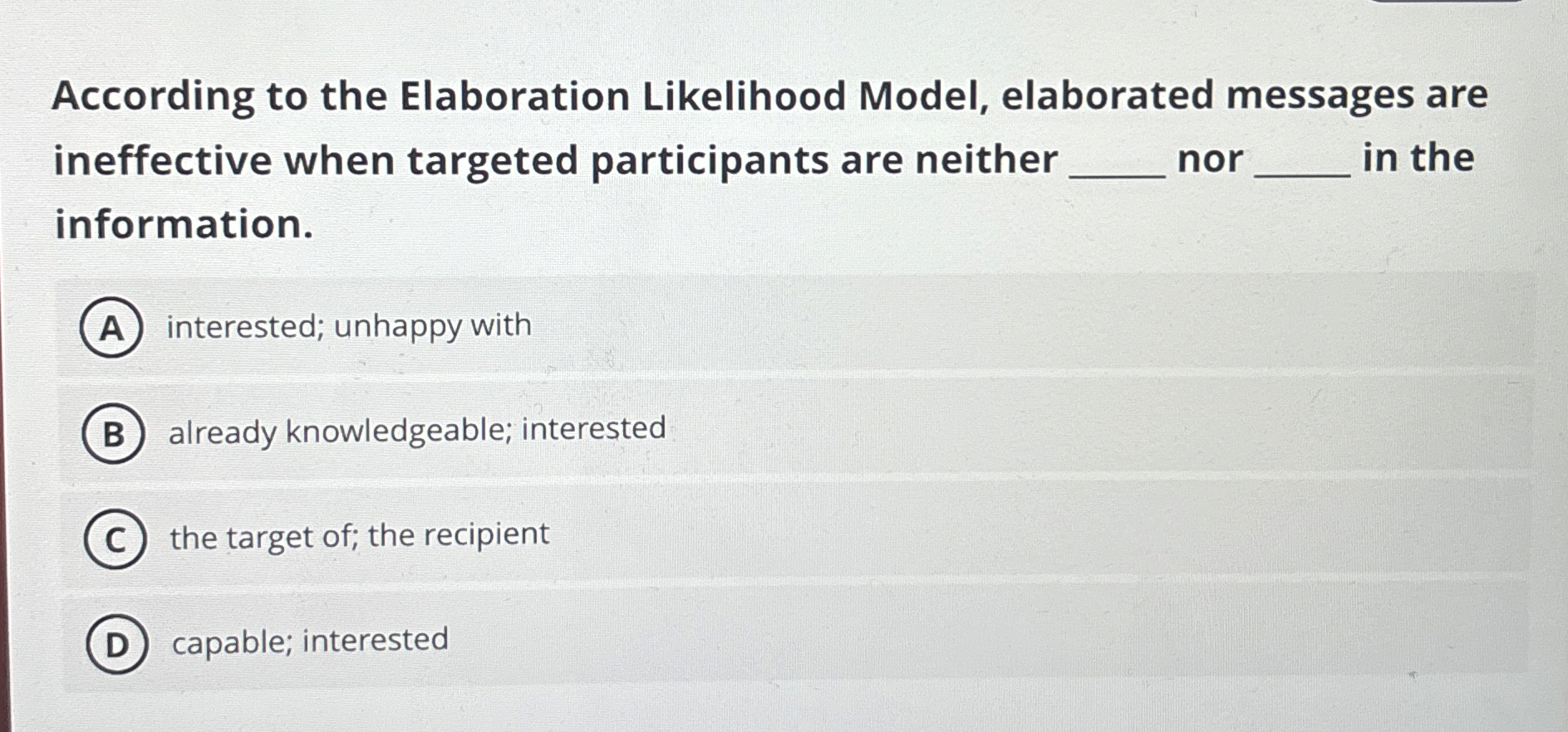 Solved According to the Elaboration Likelihood Model, | Chegg.com