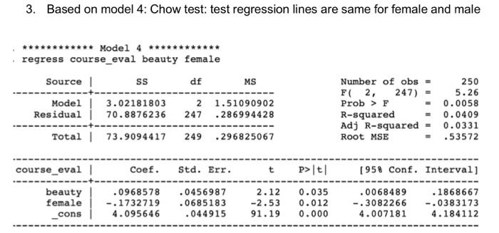 3. Based on model 4: Chow test: test regression lines | Chegg.com