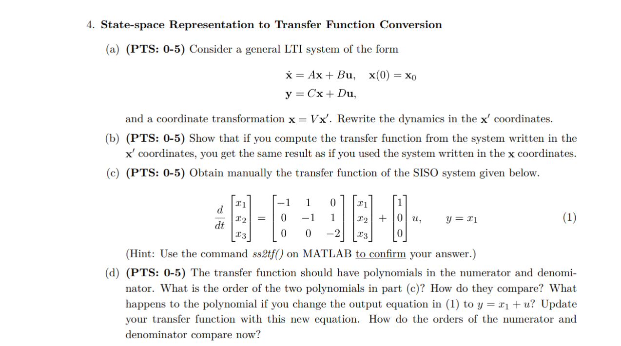 Solved State-space Representation to Transfer Function | Chegg.com