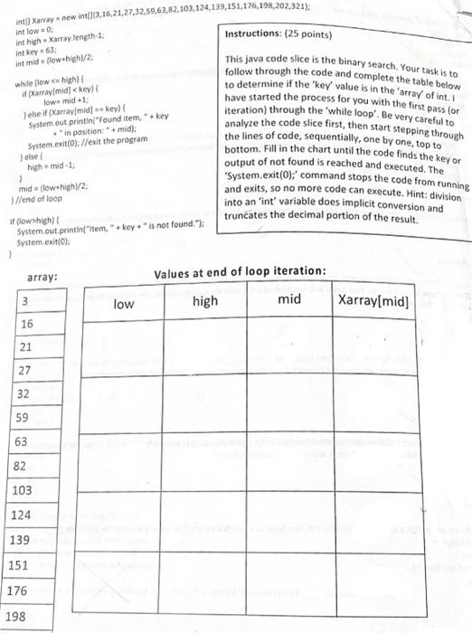 Solved fill in the table ( low , high , mid and Xarray) as | Chegg.com