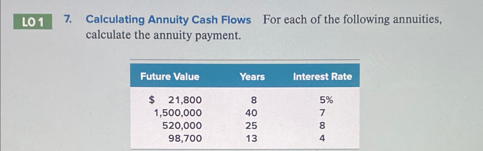 Solved L01 7. ﻿Calculating Annuity Cash Flows For each of | Chegg.com