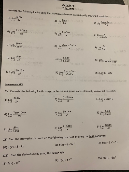 Solved Math 1475 Trig Limits Evaluate the following Limits | Chegg.com