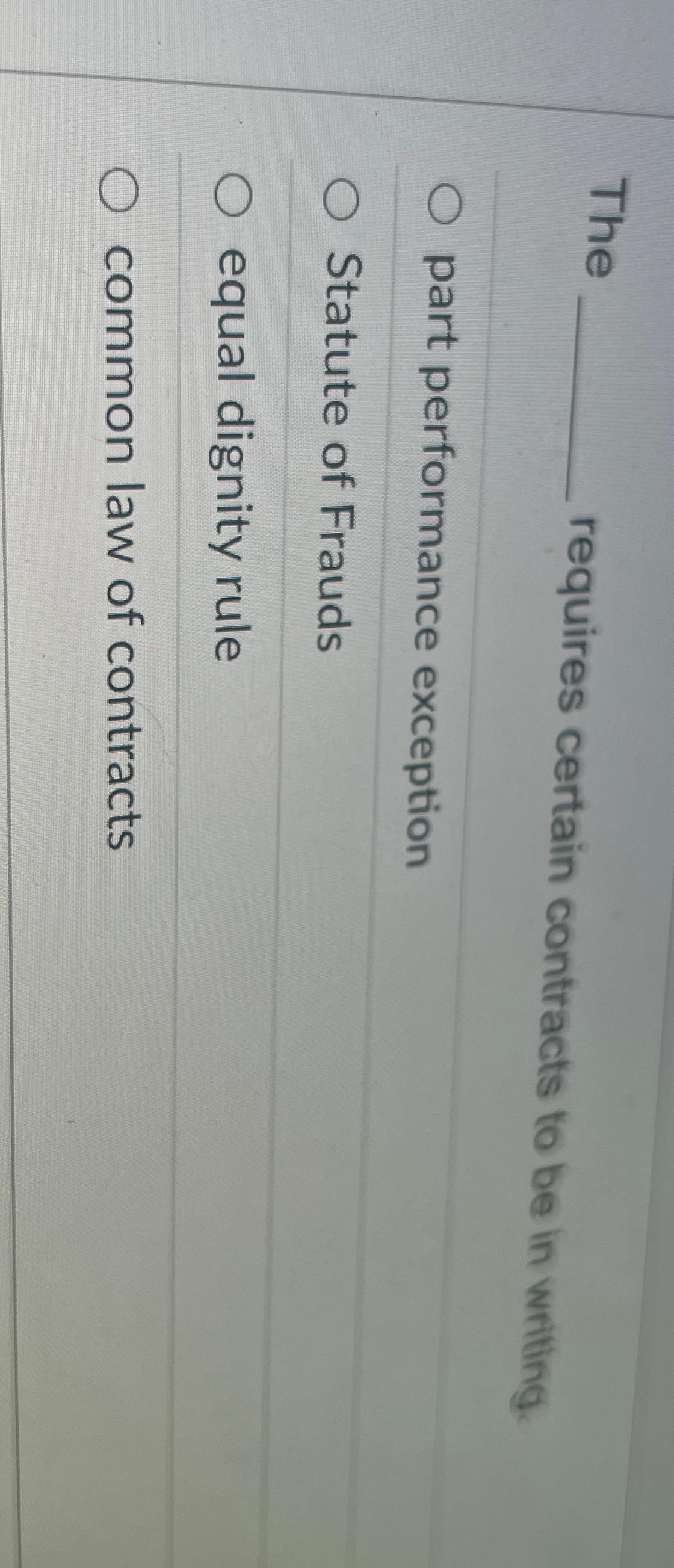 Solved The requires certain contracts to be in writing.part | Chegg.com