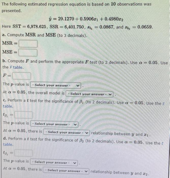 Solved The following estimated regression equation is based | Chegg.com
