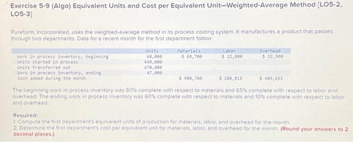 Solved Exercise 5.9 (Algo) Equivalent Units and Cost per | Chegg.com