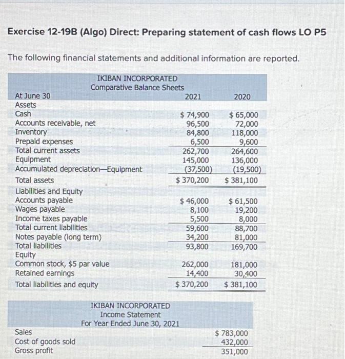 Solved Exercise 12-19B (Algo) Direct: Preparing statement of | Chegg.com