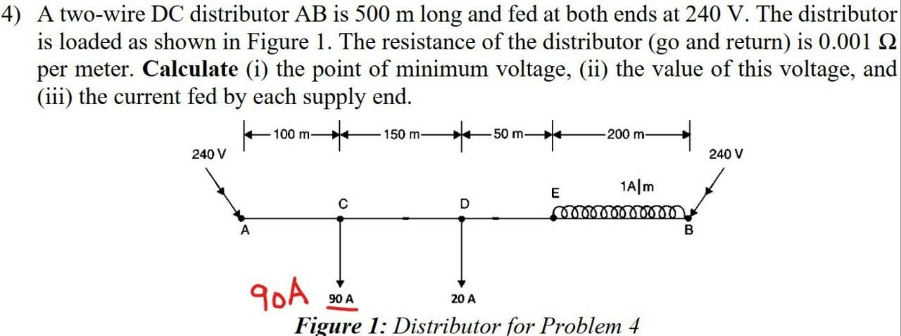 Solved 4) A two-wire DC distributor AB is 500 m long and fed | Chegg.com
