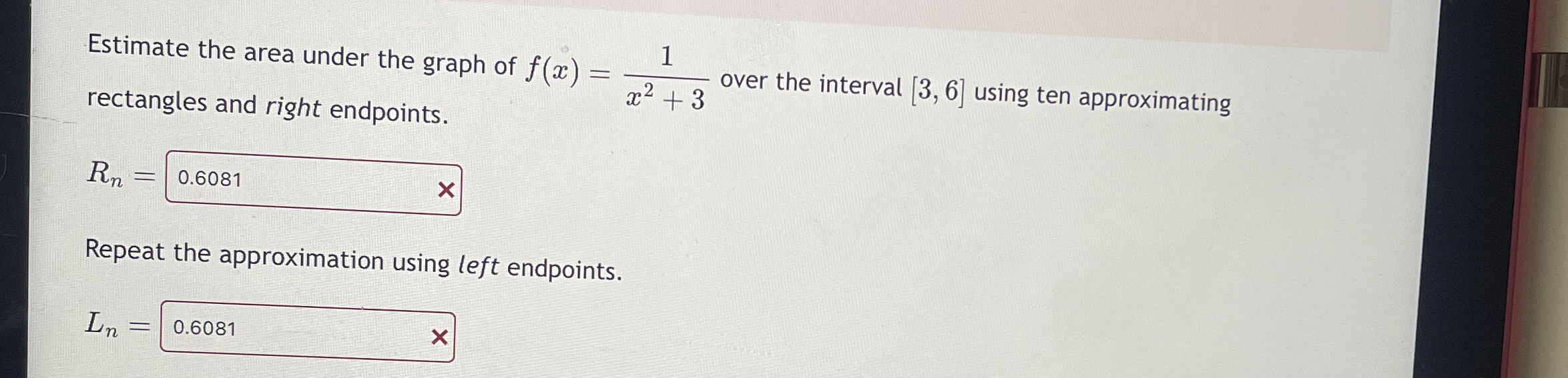 Solved Estimate the area under the graph of f(x)=1x2+3 ﻿over | Chegg.com