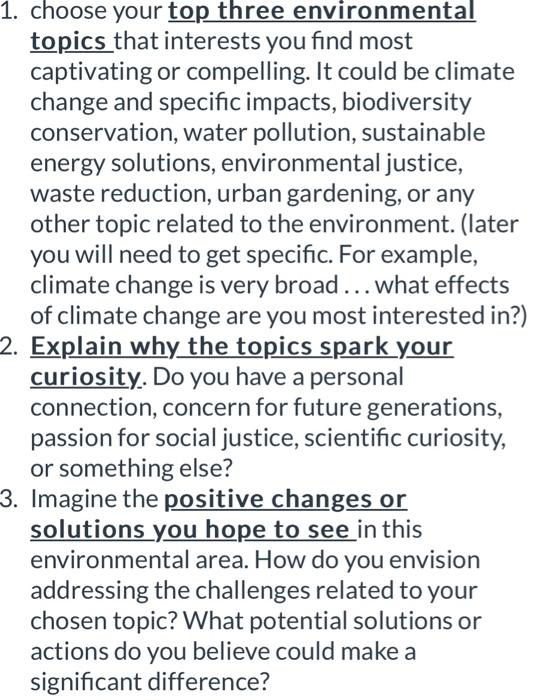 1. choose your top three environmental topics that | Chegg.com