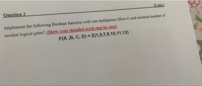 Solved (2 pts.) Question 2 Implement the following Boolean | Chegg.com