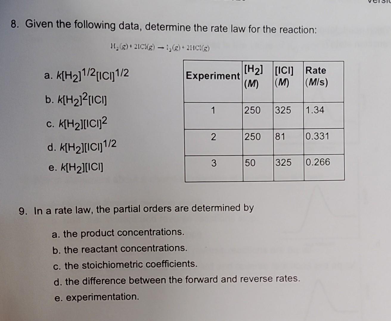 Solved 8. Given the following data, determine the rate law | Chegg.com
