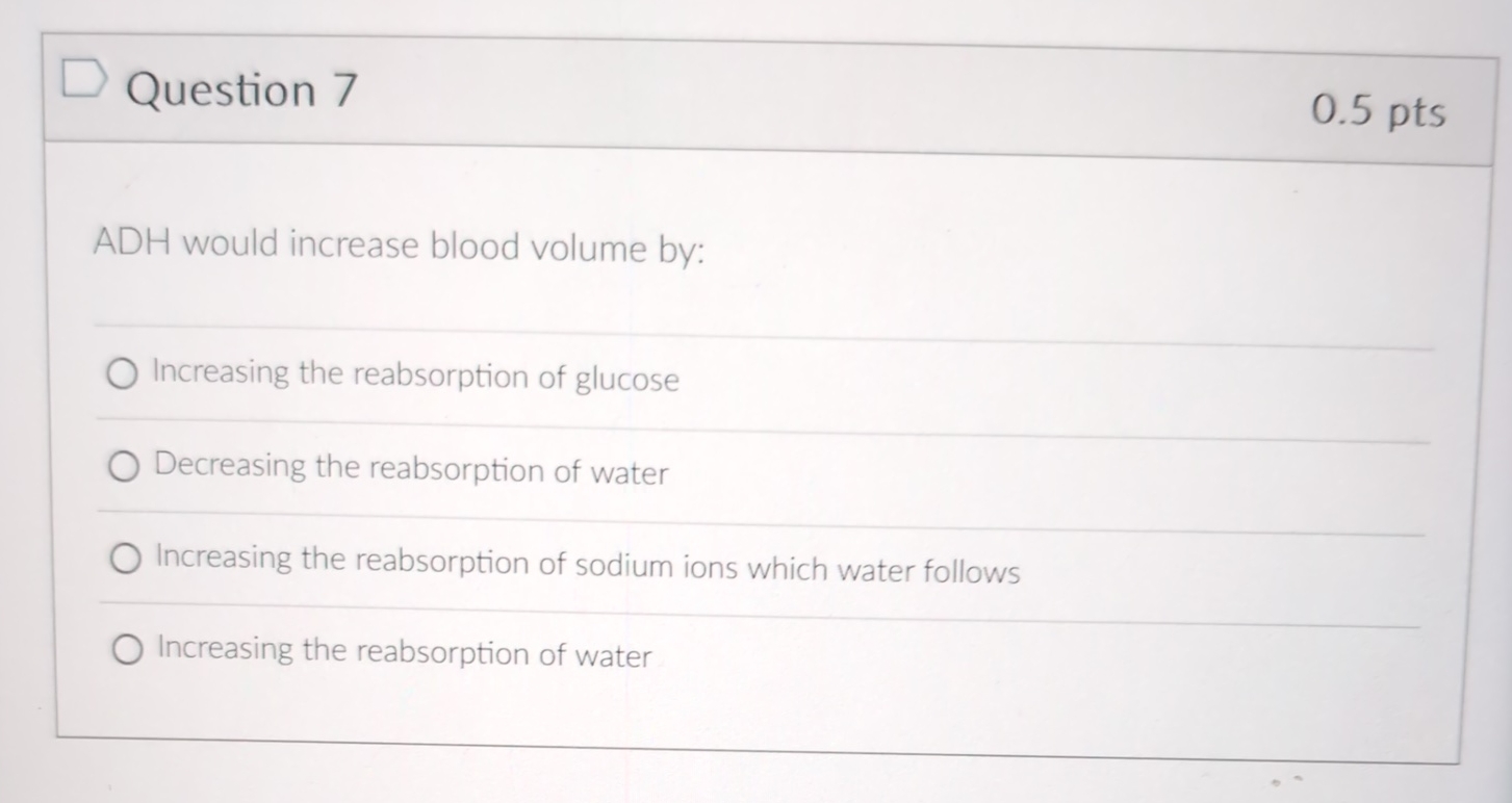 Solved Question 70.5ptsADH would increase blood volume | Chegg.com