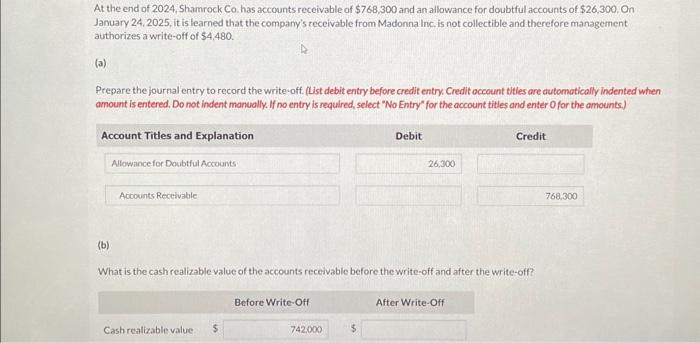 Solved At the end of 2024, Shamrock Co. has accounts | Chegg.com