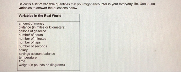 Solved Below is a list of variable quantities that you might | Chegg.com