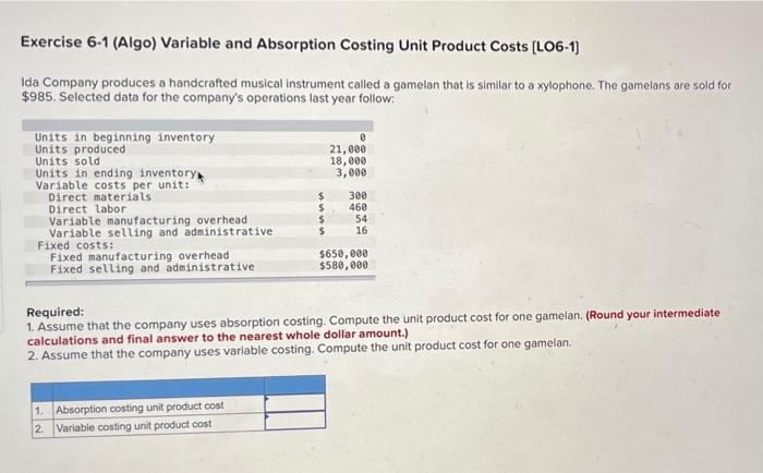 Solved Exercise 6-1 (Algo) Variable and Absorption Costing | Chegg.com