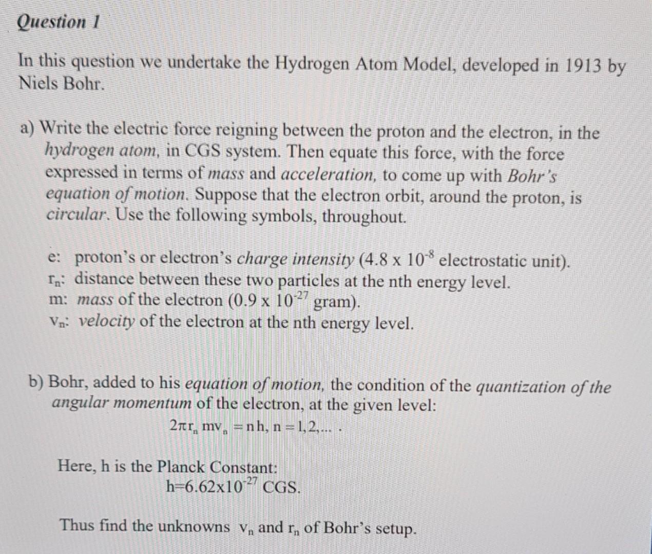 Solved Question 1 In this question we undertake the Hydrogen | Chegg.com