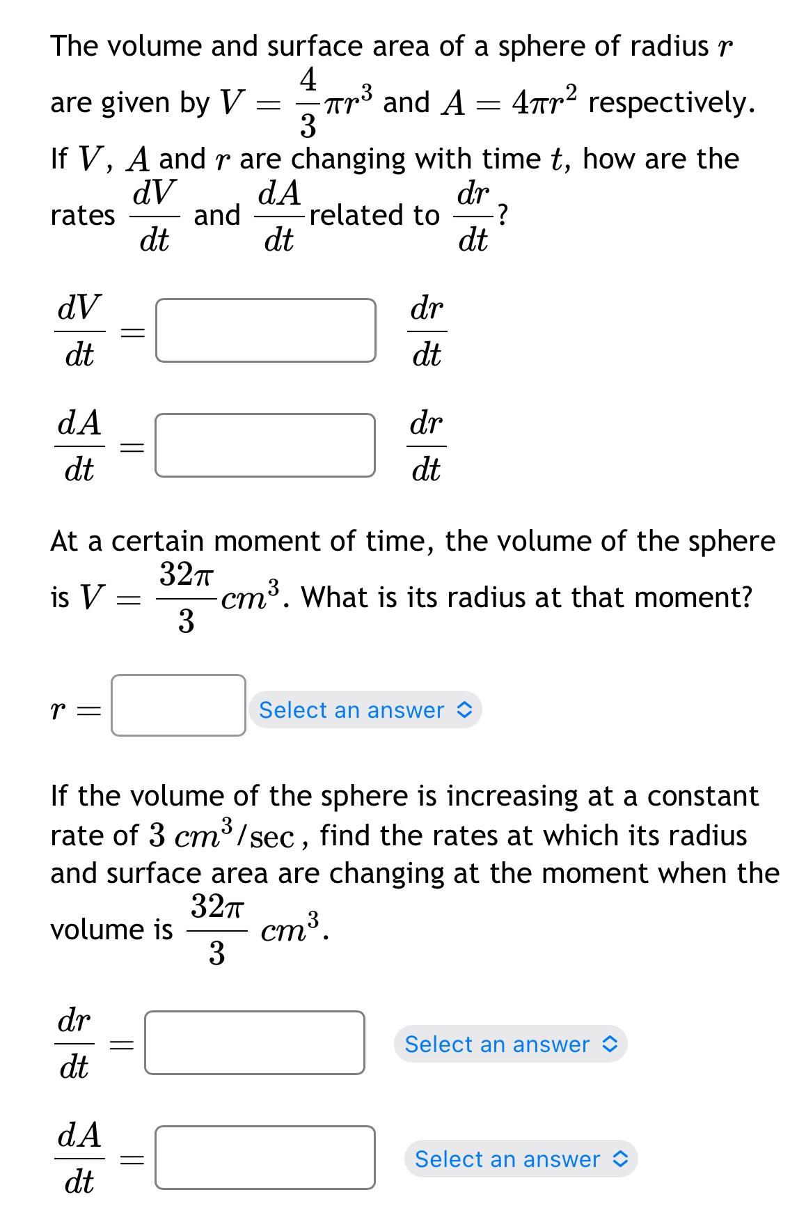 Solved The volume and surface area of a sphere of radius r | Chegg.com