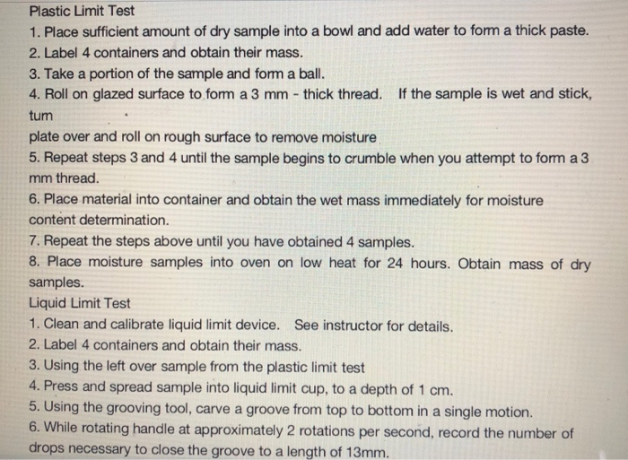 Solved Plastic Limit Test 1. Place sufficient amount of dry | Chegg.com