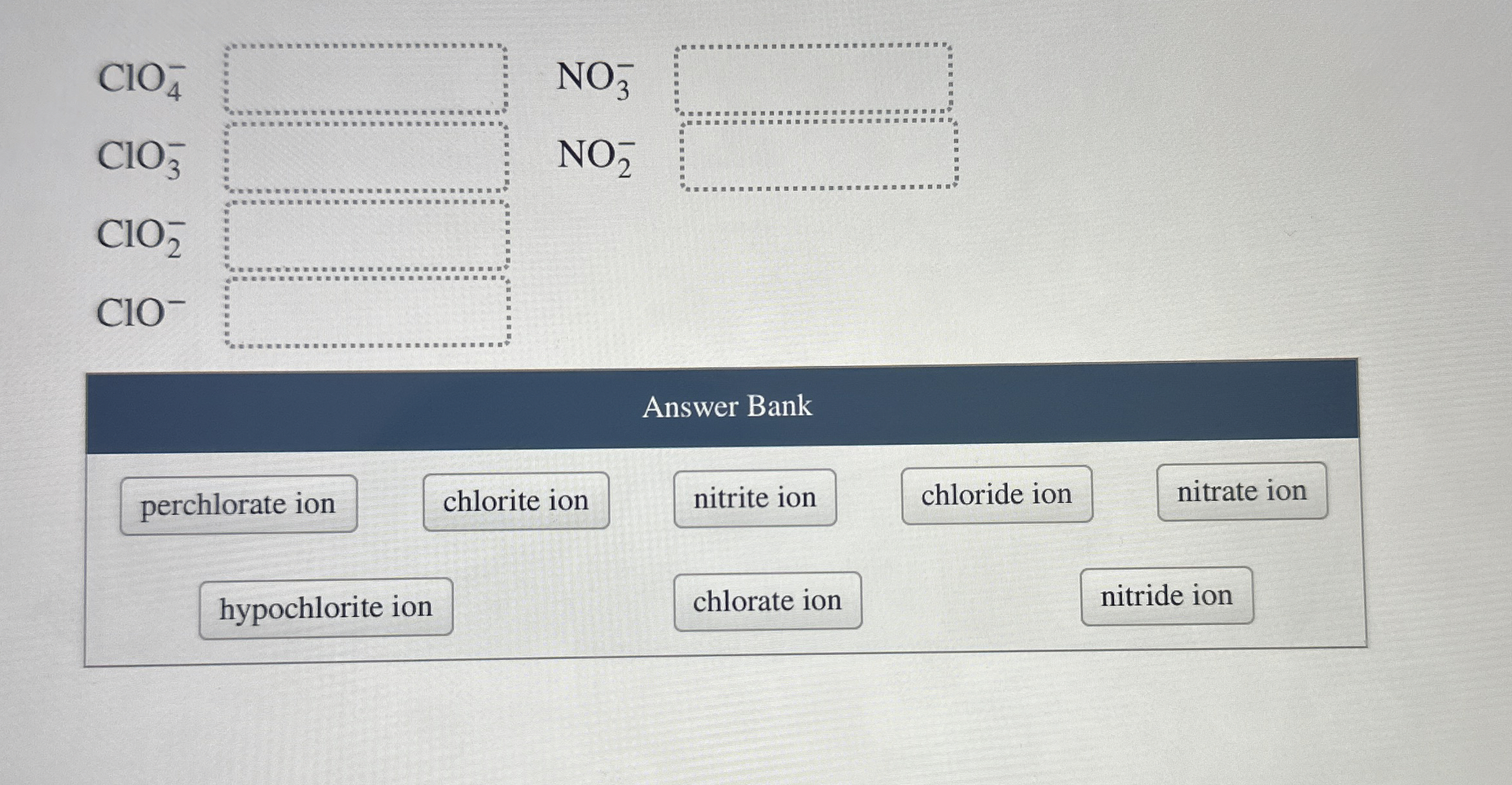 Solved ClO4-NO3-ClO3-NO2-ClO2-ClO-perchlorate ion | Chegg.com