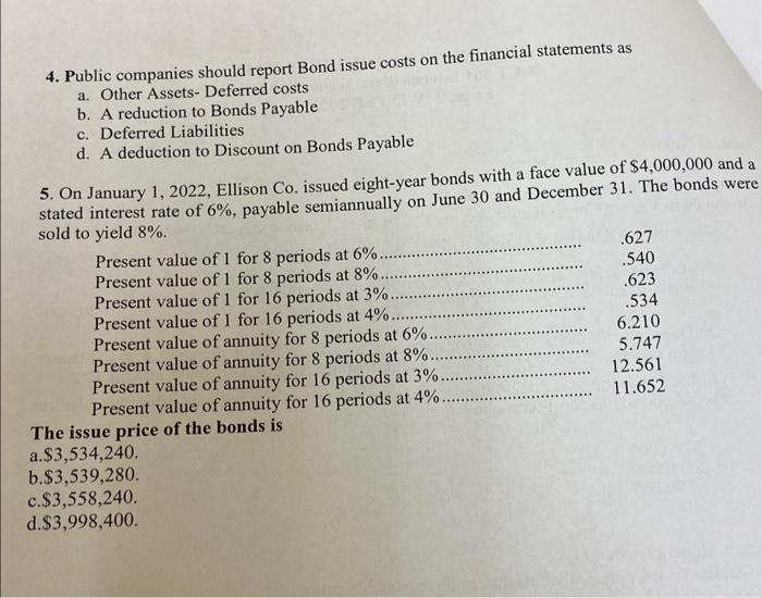 Solved 4. Public companies should report Bond issue costs on | Chegg.com