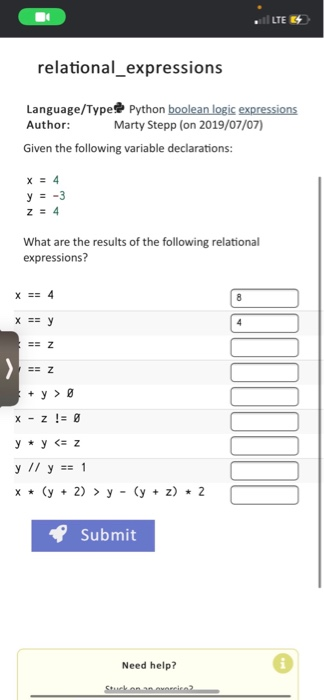 Solved 1 LTE E relational_expressions Language/Type Python | Chegg.com