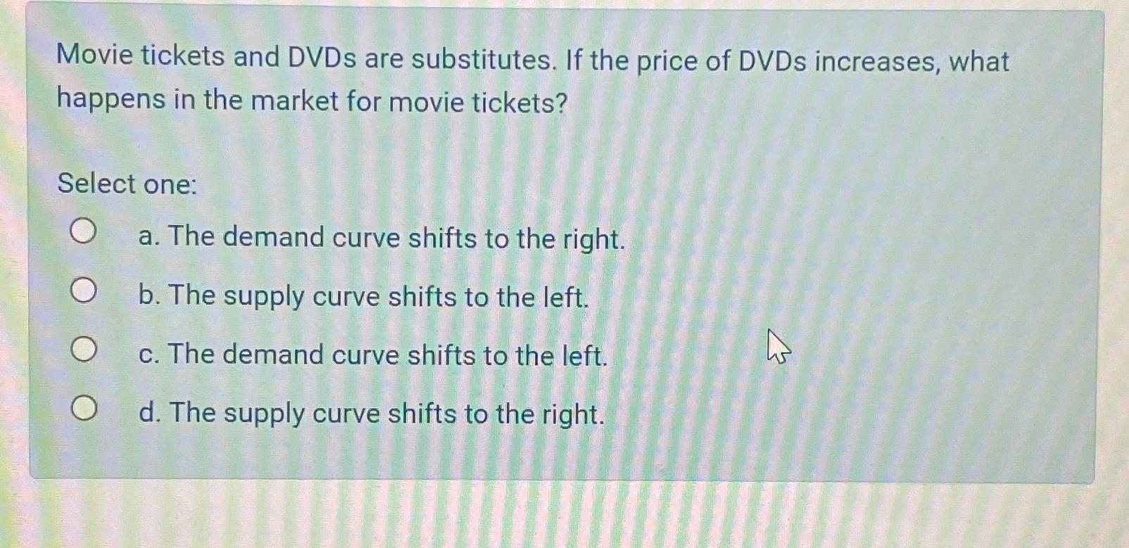 Solved Movie tickets and DVDs are substitutes. If the price | Chegg.com