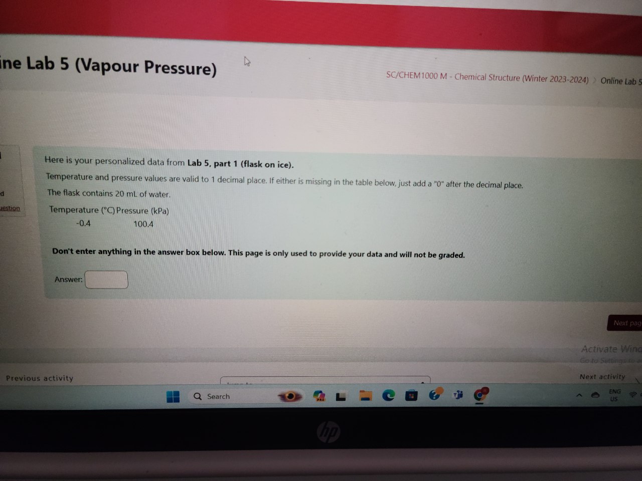 Solved Here is your personalized data from Lab 5, ﻿part | Chegg.com