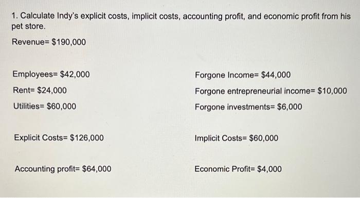 Solved 1. Calculate Indy's explicit costs, implicit costs, | Chegg.com