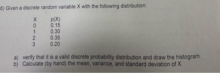 Solved 6) Given a discrete random variable X with the | Chegg.com