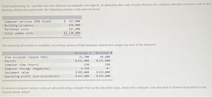 Solved Tenet Engineering, Inc operates two user divisions as | Chegg.com